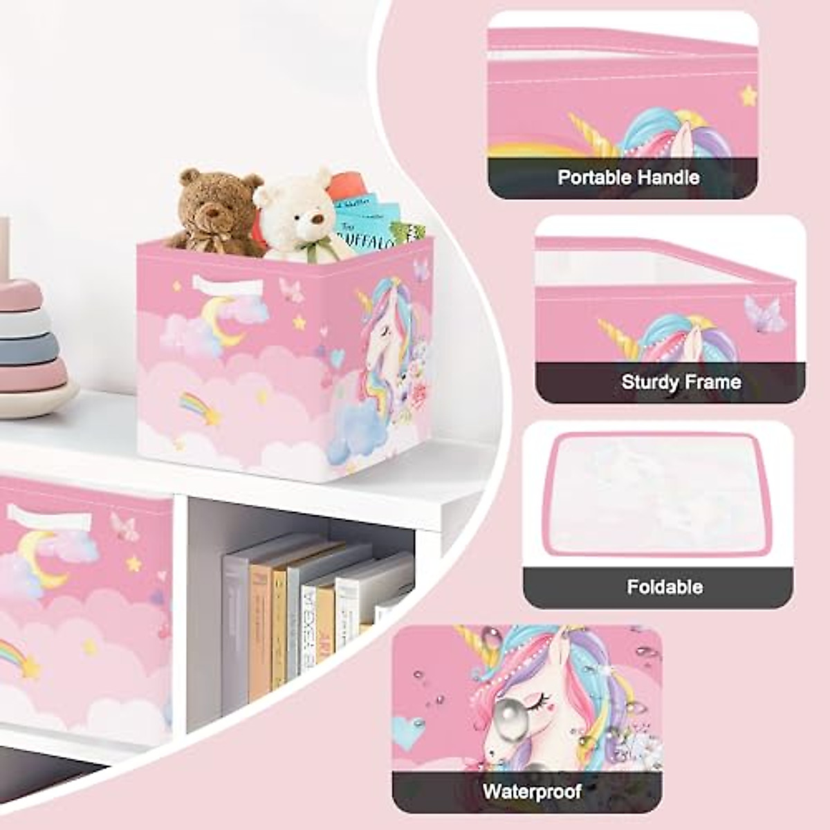 Clastyle 3 Pcs Unicorn Cloud Kid Storage Cube Organizer Set Rainbow Closet Clothes Cube Storage Bin Pink Nursery Toddler Toy Box Chest Flower Book Shelf Basket