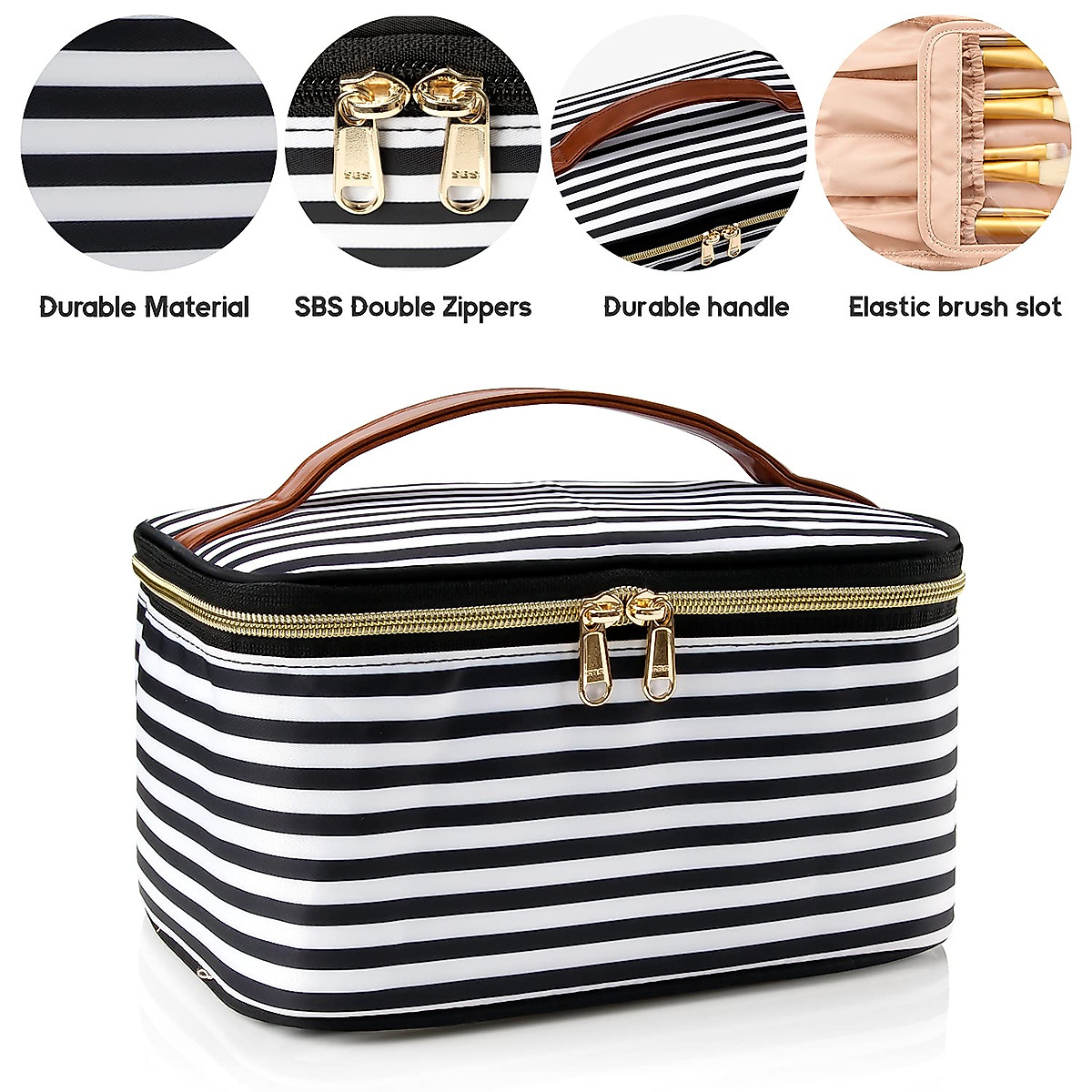 OCHEAL Makeup Organizer Bag, Travel Makeup Bag Organizer Case Portable Cosmetic Bag Make Up Bag for Women And Girls Cosmetics Toiletries with Brushes Slots and Divider-Black/White Stripes