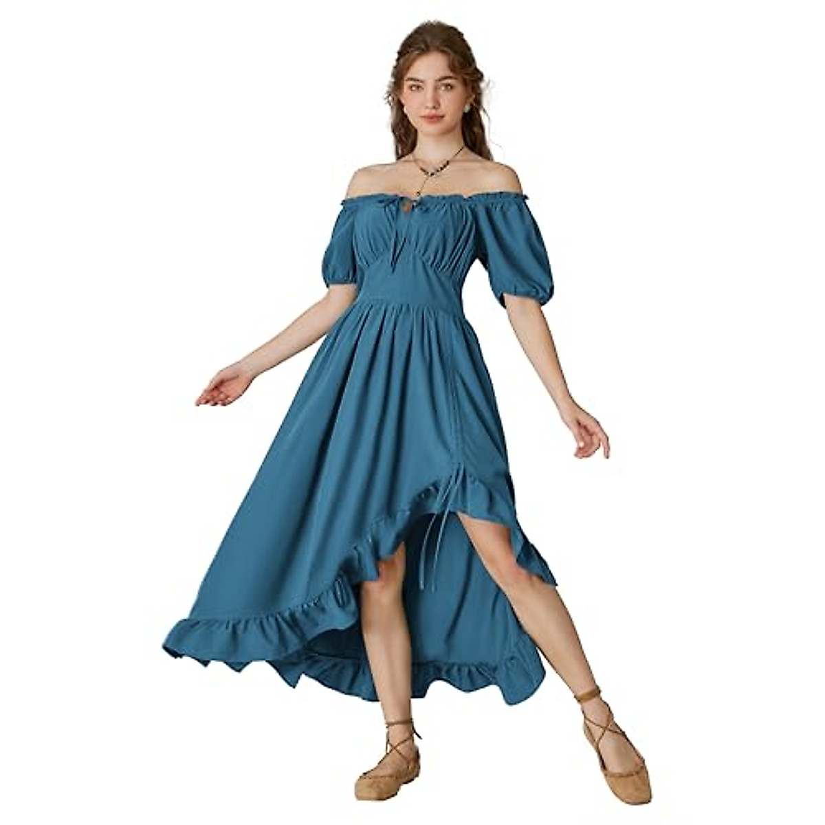 Renaissance Costume Women Cottagecore Dress Summer Off Shoulder Long Dress Blue L