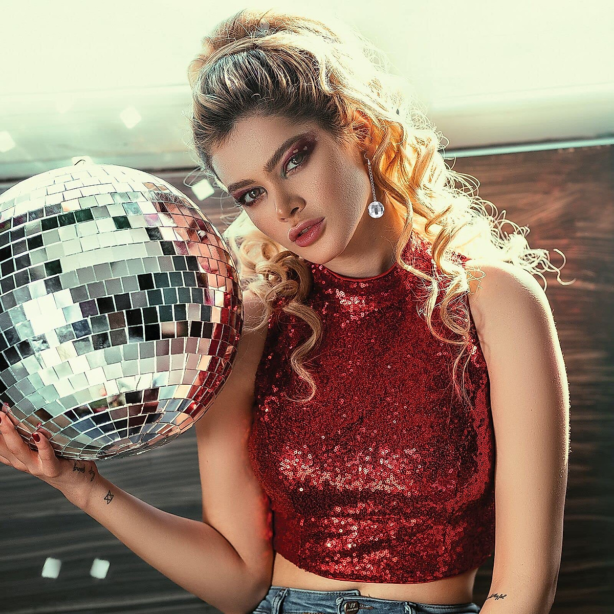 Women's Disco Ball Earrings Silver Mirrored Ball Earrings 70's Earrings Easy to Match with Disco Costumes Women's Disco Accessories (Long Disco Ball Earrings 1 Pair)