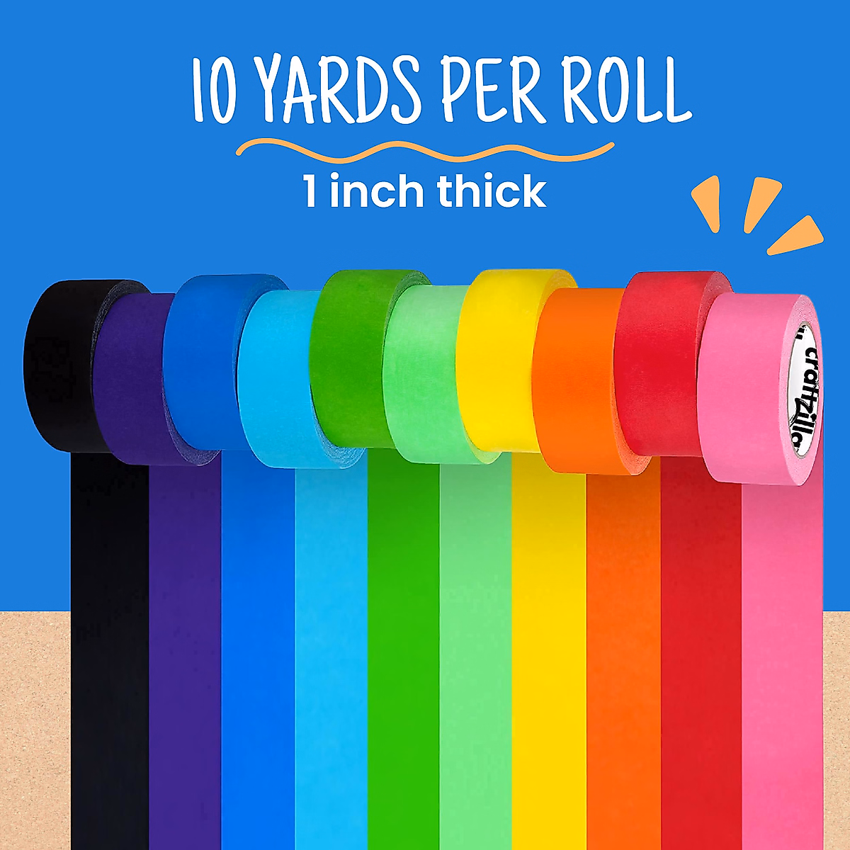 Craftzilla Colored Masking Tape – 10 Roll Multi Pack – 300 Feet x 1 Inch of Colorful Craft Tape – Vibrant Rainbow Colored Painters Tape – Great for Arts & Crafts, Labeling and Color-Coding