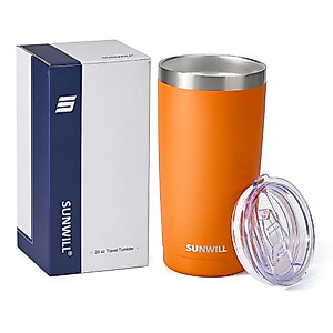 SUNWILL 20oz Tumbler with Lid, Stainless Steel Vacuum Insulated Double Wall Travel Tumbler, Durable Insulated Coffee Mug, Powder Coated Orange, Thermal Cup with Splash Proof Sliding Lid