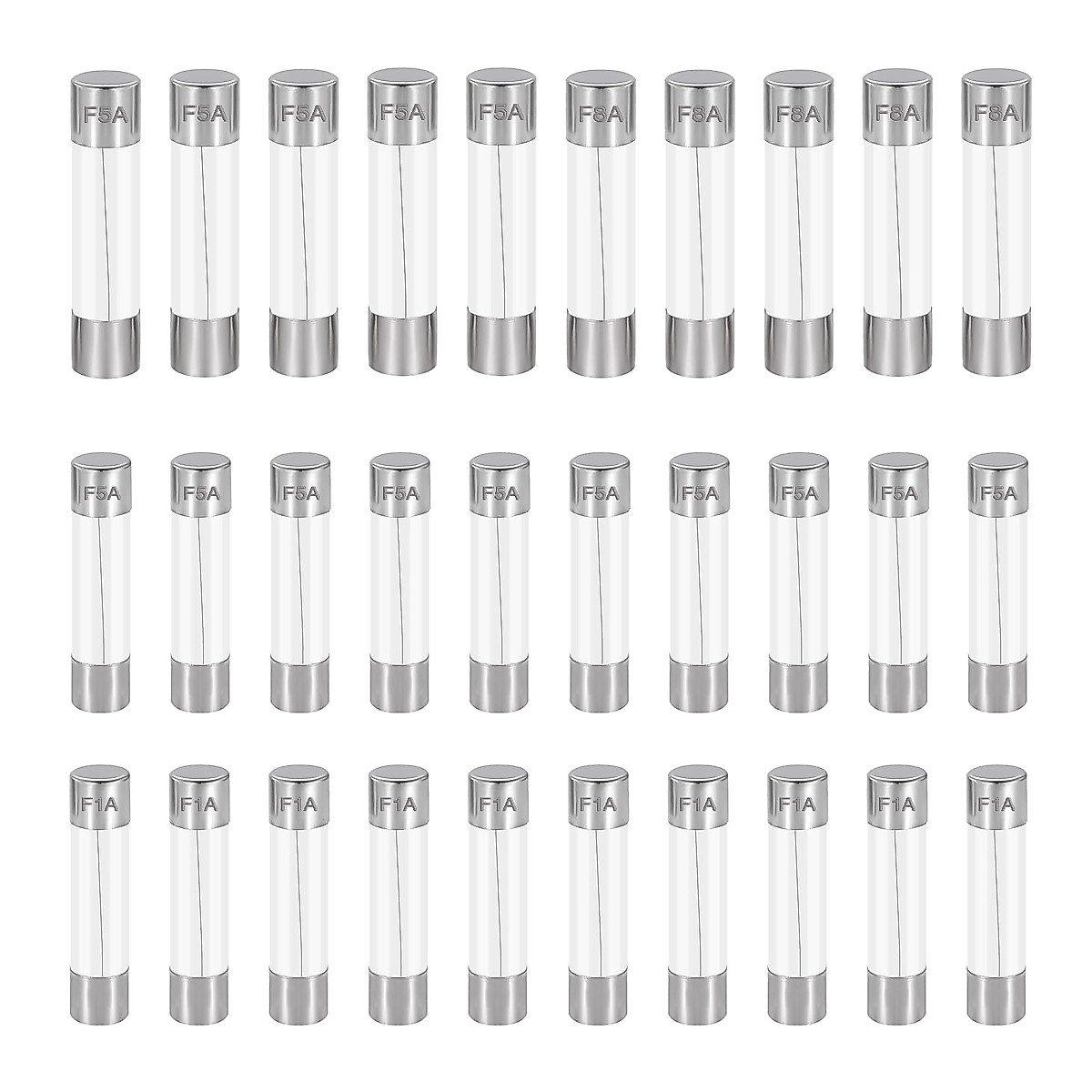 ALLECIN 24 Values 250V Fast Blow Glass Fuses Assortment Kit 0.5A 1A 2A 3A 4A 5A 6A 7A 8A 10A 15A 20A 5X20MM 6X30MM 0.5 1 2 3 4 5 6 7 8 10 15 20 Amp 250 Volt Quick Tube Fuse Set