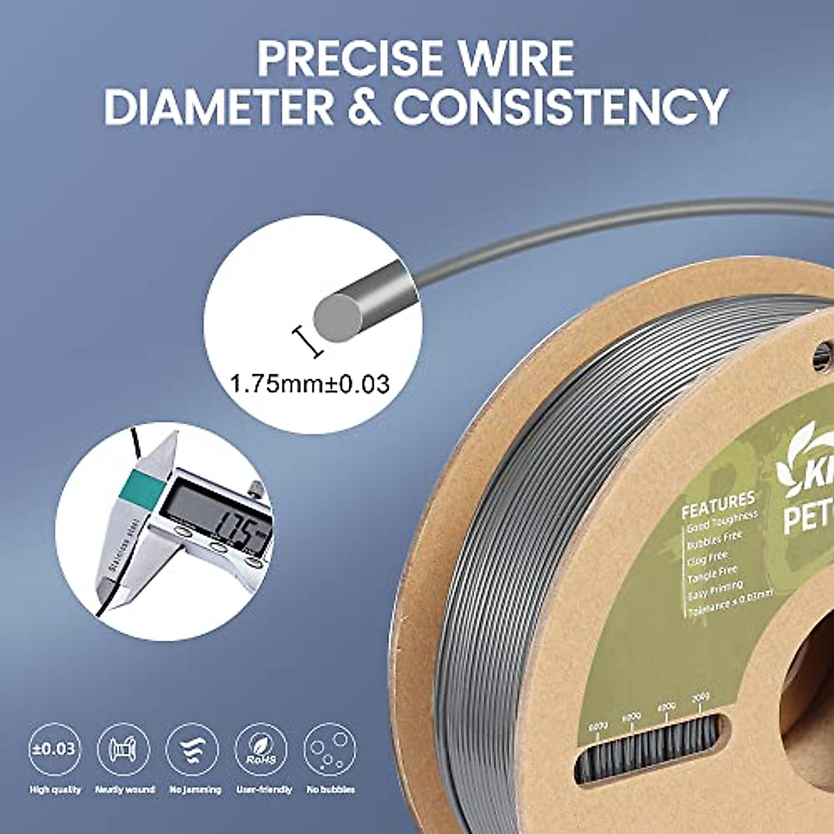 KINLUOT PETG Filament 1.75mm 3D Printer Filament Grey PETG, Easy to Print, Dimensional Accuracy +/- 0.03 mm, 1kg Cardboard Spool (2.2lbs), Fit Most FDM Printer (Gray)