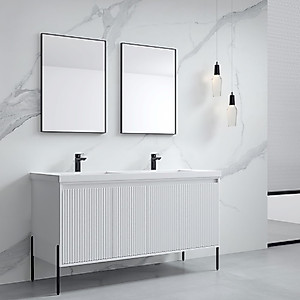 Dowell 60“ Fluted Design Vanity Set – Modern Bathroom Cabinet with Soft-Close Door & Shelf.Glossy White- 0026021V/6122BP