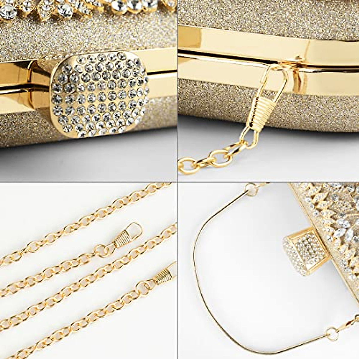 Gold Clutch Purses for Women Evening, Diamond Wedding Clutch Crossbody Shoulder Bag with Crystal, Sequin Formal Flower Rhinestone Handbag for Party Bridal Prom