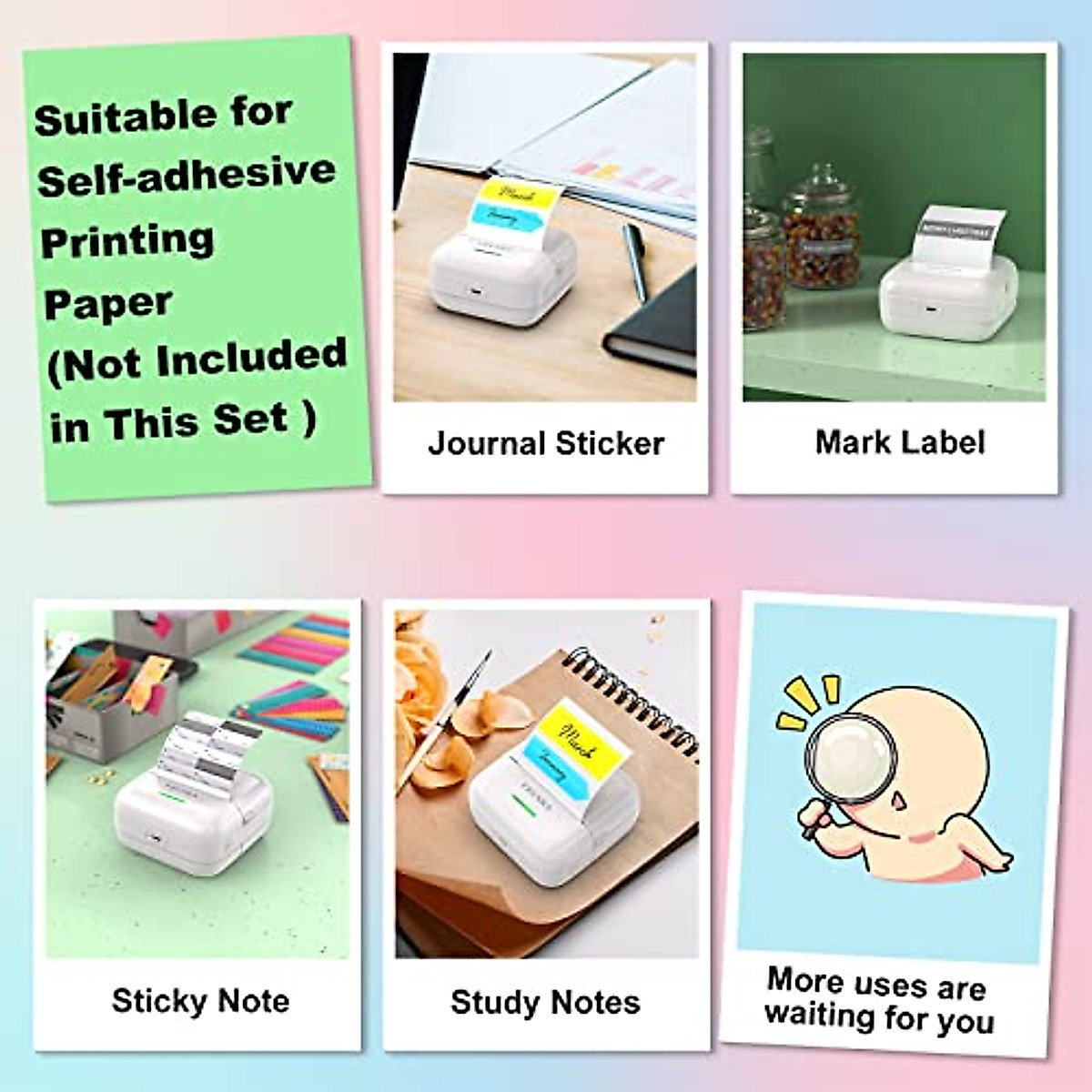 VKUSRA Pocket Printer, Wireless Bluetooth Thermal Printer with 3 Rolls Printing Paper and 1200mAh Battery, Portable Inkless Printer for iPhone Mini Sticker Printer Compatible with iOS&Android