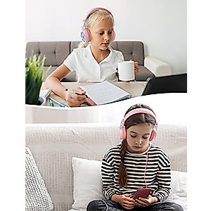 New bee Kids Headphones for School with Microphone KH20 Wired HD Stereo Safe Volume Limited 85dB/94dB Foldable Lightweight On-Ear Headphone for Girl/Mac/Android/Kindle/Tablet/Pad (Pink)