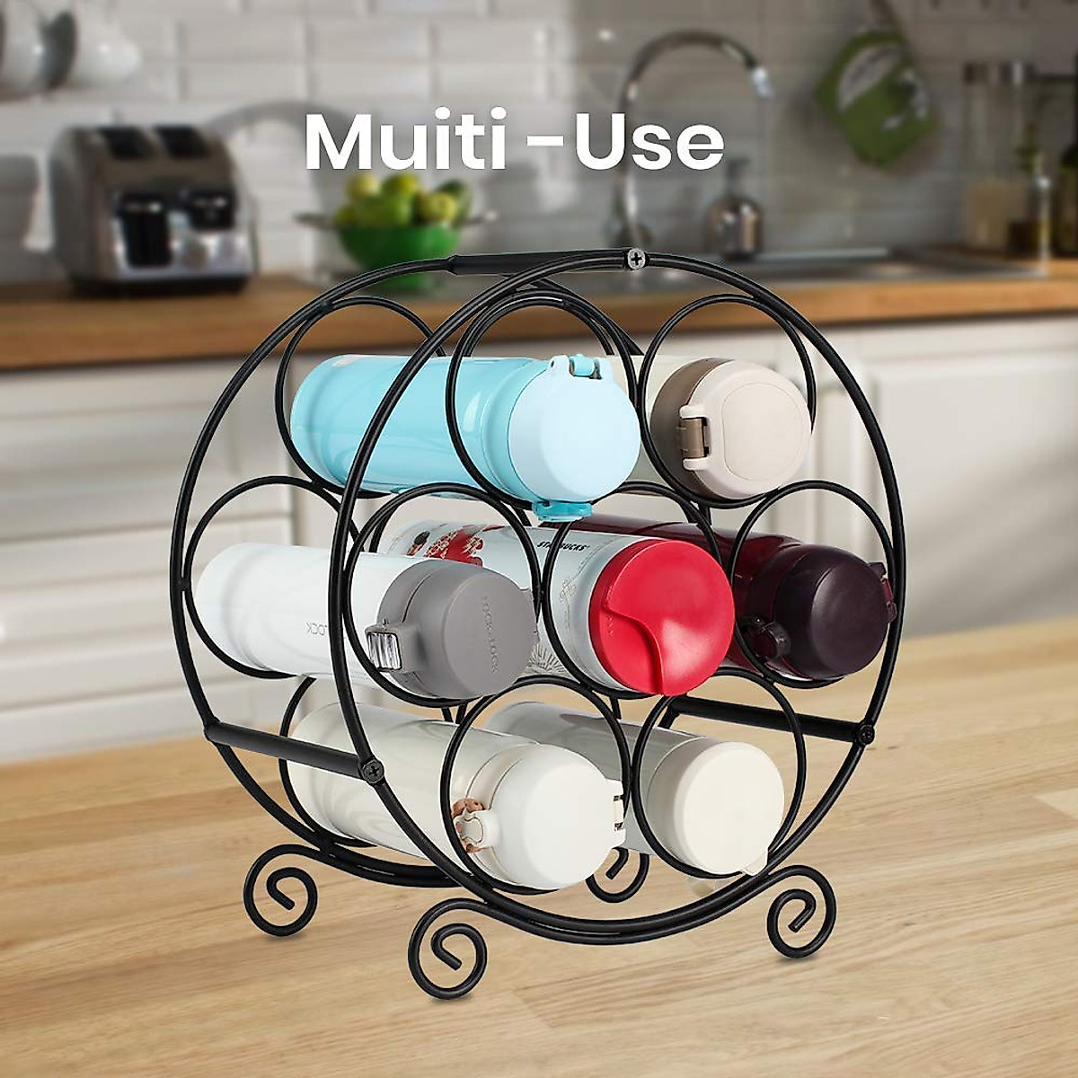 TreeLen Wine Racks Countertop, 7 Bottles Wine Organizer Stand, Metal Free Standing Wine Storage Holder, Water Bottle Holder Stand-Black