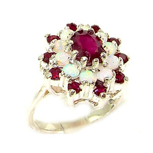 LetsBuyGold 925 Sterling Silver Natural Ruby and Opal Womens Cluster Ring - Size 5.75