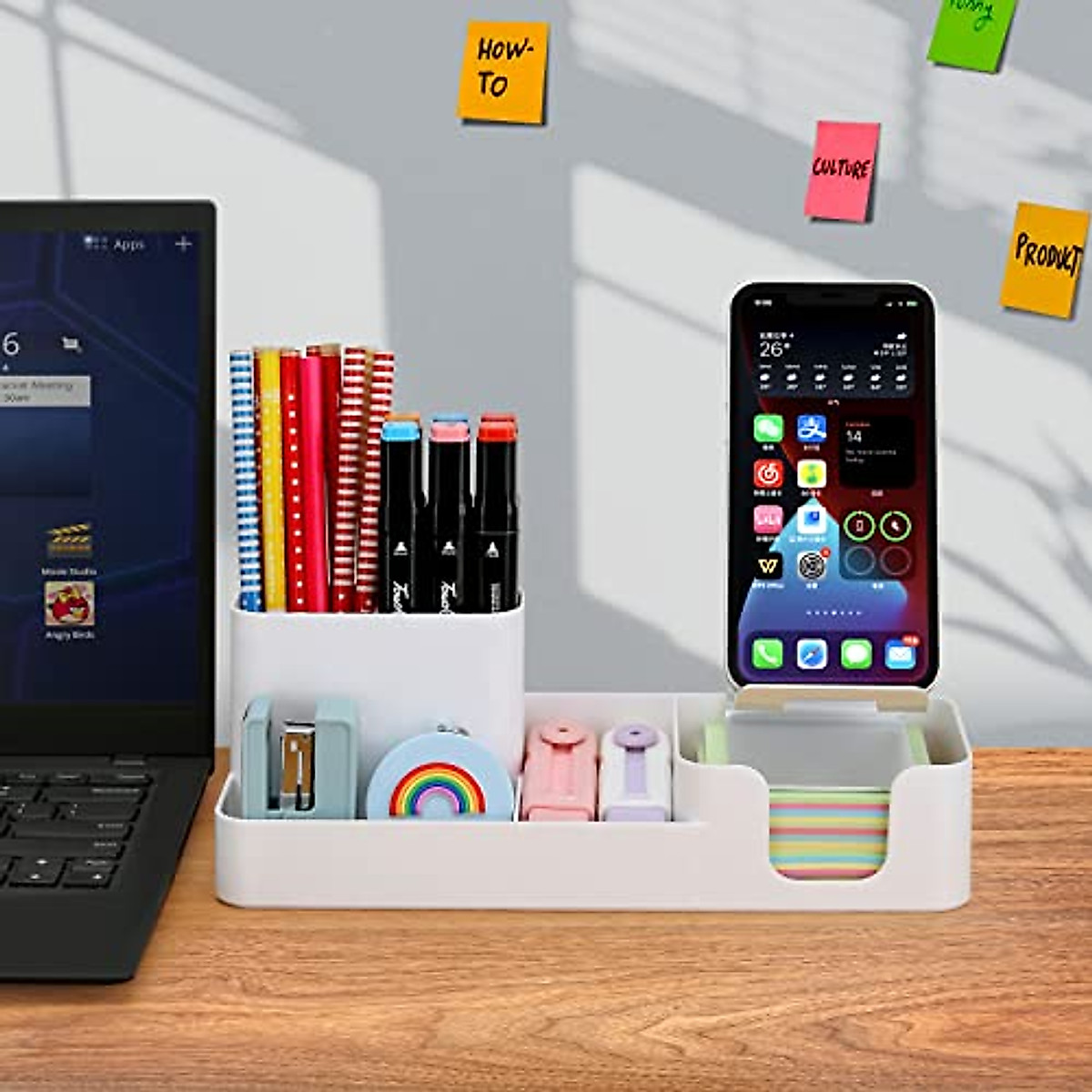 LETURE Pen Holder for Desk, Desktop Organizer with Mobile phone holder/Pencil Holders/Sticky Note Tray/Paperclip Storage and Office Stationery Accessories Caddy for Office Home School (White)