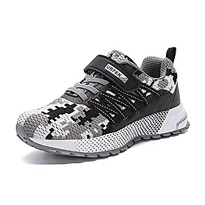 KUBUA Kids Sneakers for Boys Girls Running Tennis Shoes Lightweight Breathable Sport Athletic Camouflage Grey