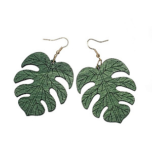 2 Pairs Natural Wooden Monstera Leaves Stud Earring for Women Tropical Plant Palm Leaf African Earrings Handmade Ethnic Jewelry-green