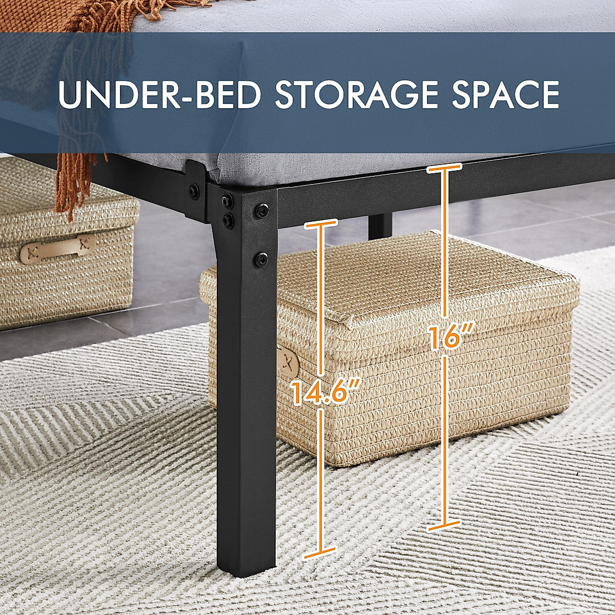 Yaheetech Queen Bed Frame with Storage Space, No Box Spring Needed, 16 Inches Powerful Storage Space, Sturdy Steel Slat Support, Black