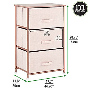mDesign Steel Top and Frame Storage Dresser Tower Unit with 3 Removable Fabric Drawers for Bedroom, Living Room, or Bathroom - Holds Clothes, Accessories, Lido Collection - Light Pink/Rose Gold