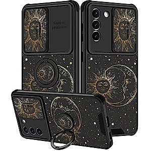Goocrux (2in1 for Samsung Galaxy S21 Case Sun and Moon Stars for Women Girls Cute Space Phone Cover with Slide Camera Cover+Ring Holder Fashion Golden Print Design Cases for Galaxy S21 5G 6.2''