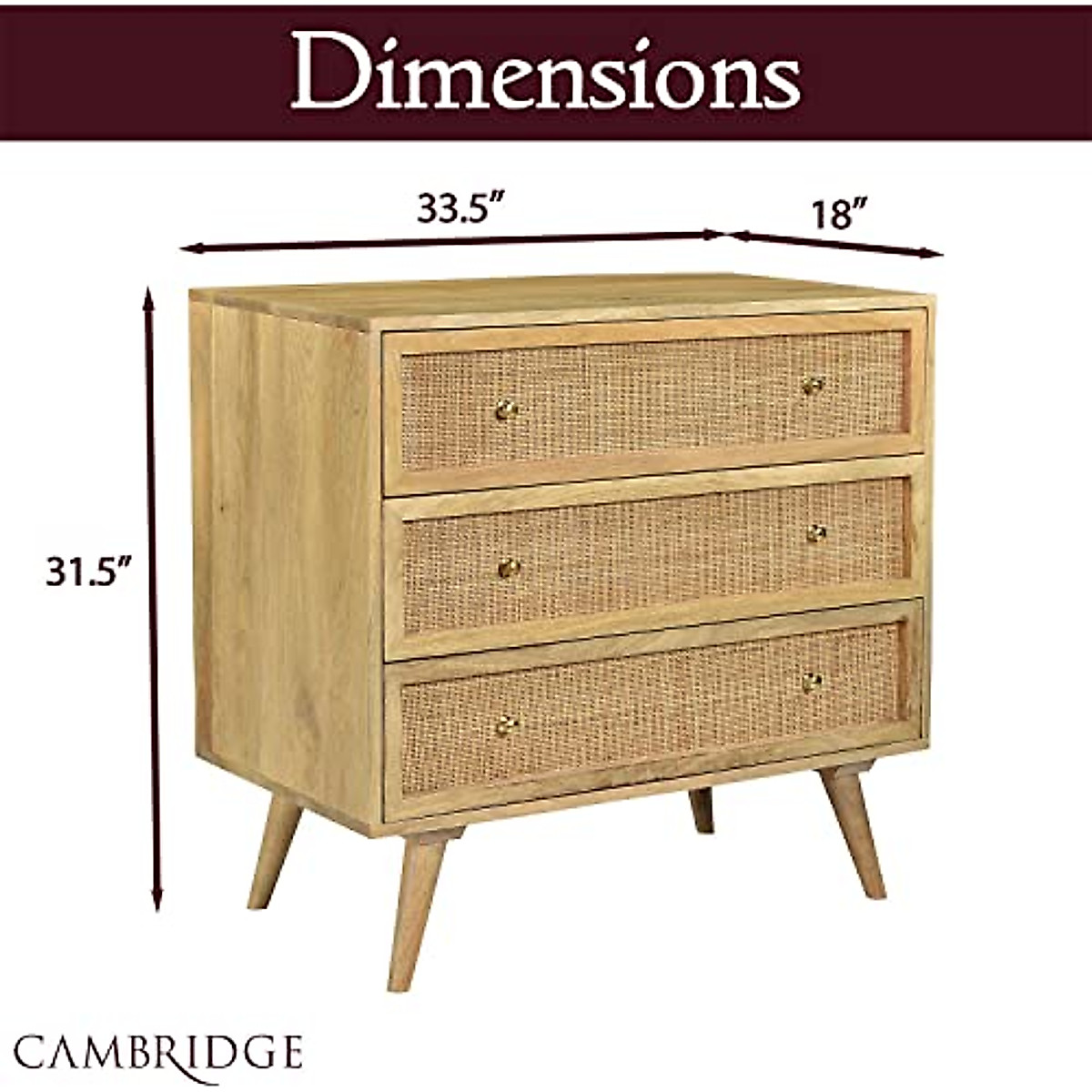 Cambridge Parkview 3-Drawer Mango Wood Chest in Natural, 33.5"W x 18"D x 31.5"H, 988010-NAT