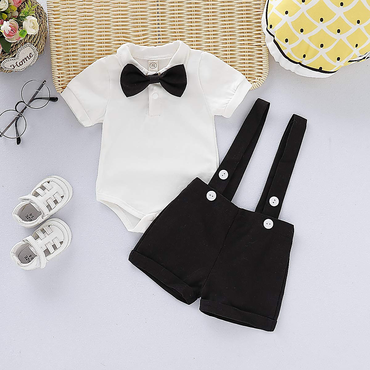 RUSHAIBAR Baby Boys Formal Outfits Suit Set Romper Suspenders Shorts Pants Bowtie Wedding Tuxedo Cake Smash Clothes black 18-24 Months