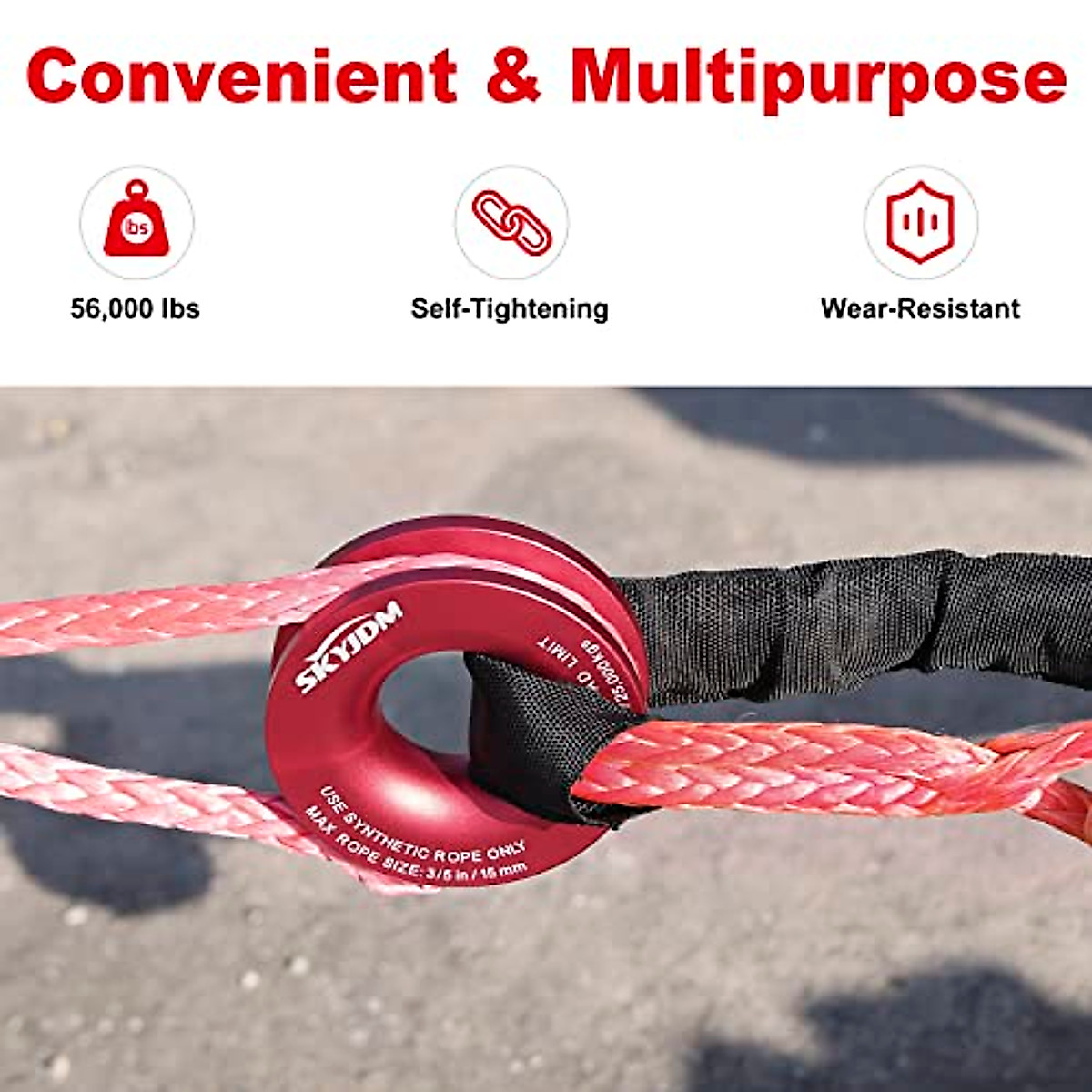 SKYJDM Soft Shackles with Recovery Ring - 3 Pack 1/2 in x 22 in Rope Shackle (56,000 lbs Breaking Strength) with Snatch Ring (55,000 lbs Working Load Limit) for 4x4 Truck SUV ATV UTV Vehicles (Red)