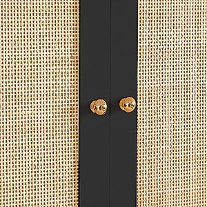 Large Armoire Wardrobe Closet with 3 Doors, Rattan Wardrobe Cabinet with Shelves and Hanging Rail for Clothes, Freestanding Wooden Black Closet for Bedroom, Black (47.24" W x 18.89" D x 62.99" H)