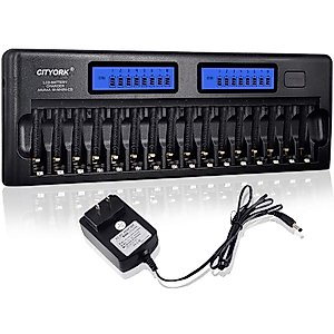 16 Bay Smart Battery Charger LCD Display for 1.2V AA/AAA NiMH/NiCd Rechargeable Batteries with Built-in IC Protection & AC Wall Adapter (Upgraded Charger White/Blue Screen)