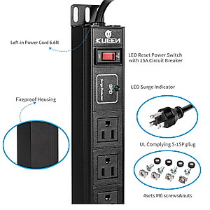 KUEEN 19" 1U Rack Mount PDU Power Strips,Server Rack Power Distribution Unit, 8 Power outlets,16AWG SJT 6.6ft Cord,1U/15A/125V, Aluminum Alloy with Surge Protector and Circuit Breaker on/Off Switch