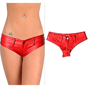 Faringoto Red Girls Low Rise Stretch PU Coated Faux Leather Button Zip Hot Pants