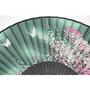 OMyTea® Women Hand Held Silk Folding Fan with Bamboo Frame - with a Fabric Sleeve for Protection for Gifts - Sakura Cherry Blossom Pattern (WZS-2)