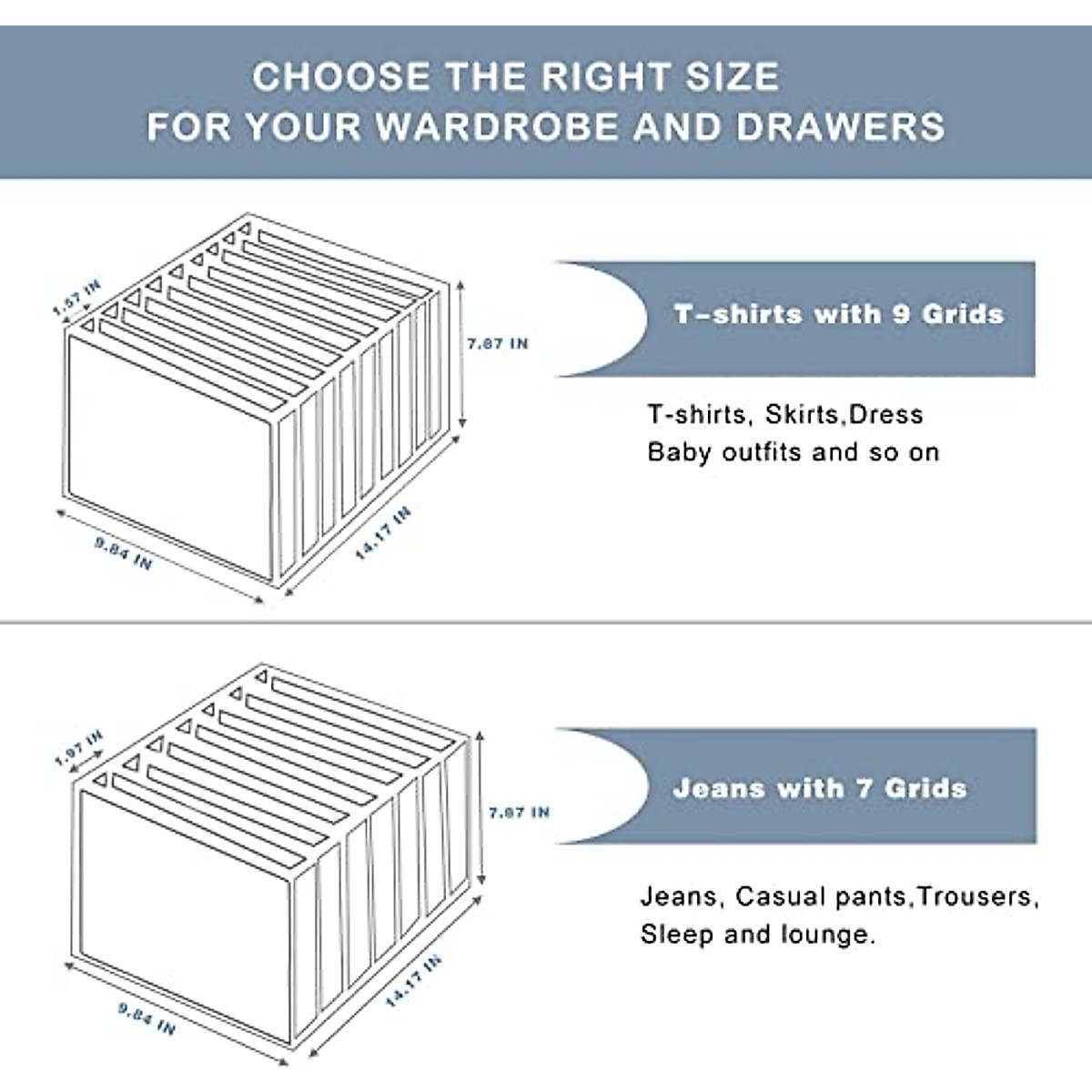 WENSEFTY Wardrobe Clothes Organizer, Clothes Organizer for Folded Clothes 7/9 Grids Dividers Closet Drawer Organizers for Jeans Pants, T-shirt, Dress