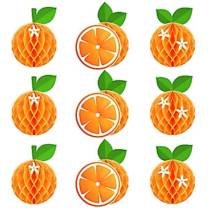 9 Pcs Orange Honeycomb Balls Orange Birthday Party Supplies Favors Cactus Strawberry Table Centerpieces Tissue Paper Honeycomb Tabletop Hanging Decors Decorations for Party Baby Shower (Orange)