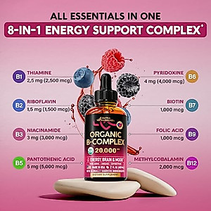 USDA Organic Vitamin B-Complex B5 Pantothenic Acid | B12 Methylcobalamin | B1 Thiamine | B6 Pyridoxine | B7 Biotin | B9 Folic | B3 Niacinamide - B Complex Liquid Drops, Made in USA Supplement, 2fl oz