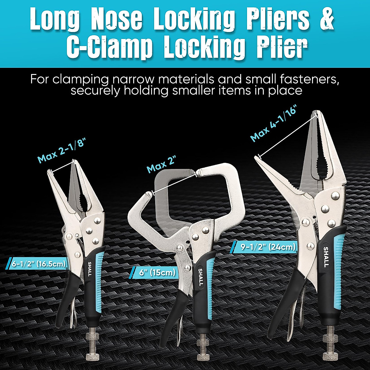 SHALL 6-Piece Locking Pliers, Vice Grips Pliers Set, 5",7" & 10" Curved Jaw Locking Pliers, 6-1/2" & 9-1/2 Long Nose Locking Pliers, 6" Locking C-Clamp, Two-Color TPR Handle, Roll Up Pouch Included