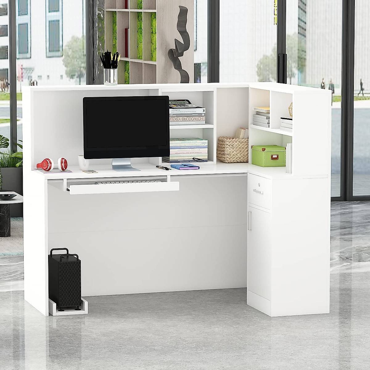 Hitow Modern Reception Desk Counter Table, L-Shap Reception Room Front Desk with Lockable Drawer & Open Shelves, Retail Counter for Salon Checkout Office, White (55.9" W x 32.3" D x 48.4" H)