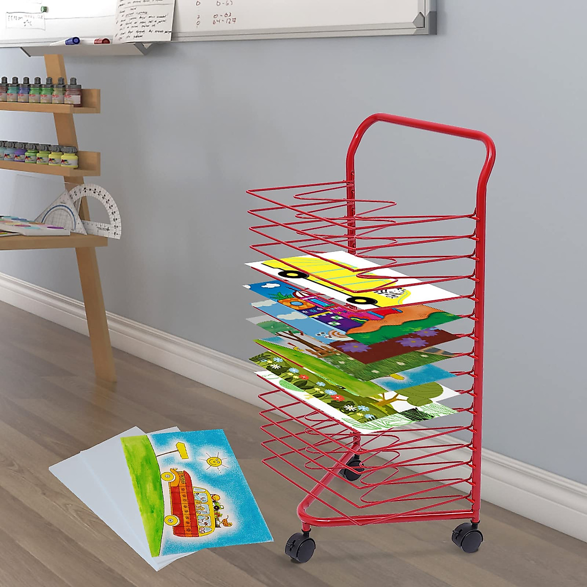 Art Drying Rack, Art Drying Rack For Classroom, Studios Art Drying Rack, Artwork Storage Display Rack W/ Wheels, Mounting Holes, Rounded Corners, Stack Rack For Painting, Drawings(16 Shelves)