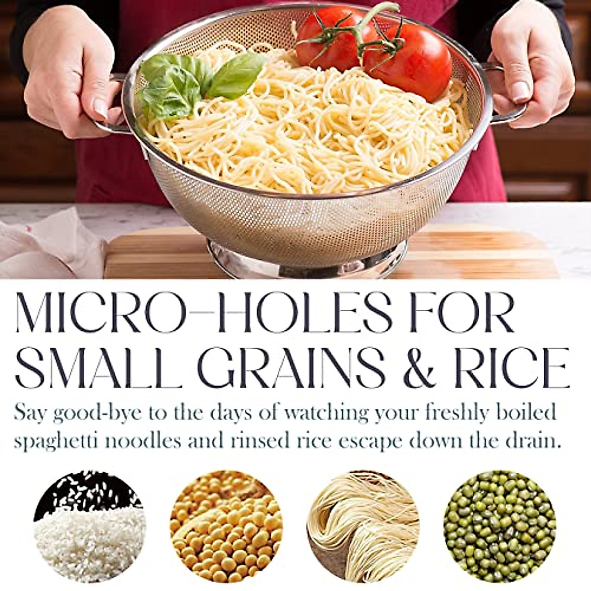 Bellemain 5 Qt Metal Colander with Handle | Pasta, Spaghetti, Berry, Fruit, Vegetable, Kitchen Food Strainer Basket | 18/8 Stainless Steel Colander Bowl | Pot Drainer for Cooking, Sifter Strainer