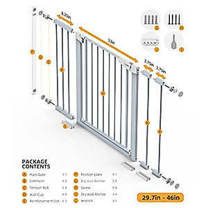 Mom's Choice Awards Winner-Cumbor 29.7-46" Auto Close Baby Gate for Stairs, Easy Install Pressure/Hardware Mounted Dog Gates for The House Indoor, Easy Walk Thru Wide Safety Pet Gates for Dogs, Gray