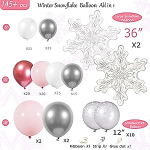 Pink Winter Wonderland Balloon Garland arch Kit Pink Chrome Silver Red White With 2 Large Snowflake Balloons for Onederland Girl Princess Birthday Party baby its cold outside baby shower decorations
