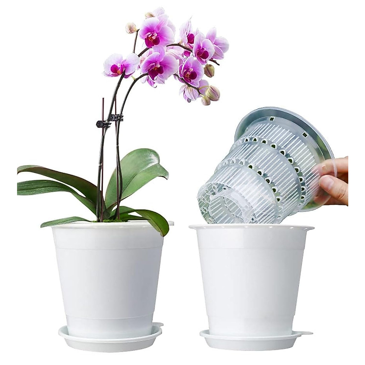 Meshpot 4 inch Clear Orchid Pots with Holes Match White Plastic Orchid Planter,Set of 2,Double Layer Plant Nursery Pots Own Scientific Controlling Roots Technology