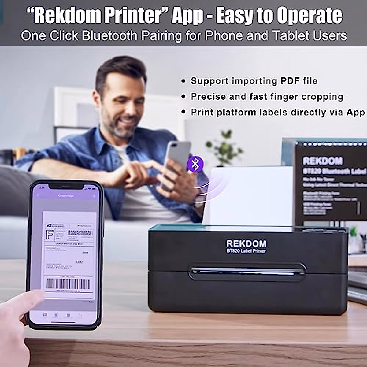 REKDOM Bluetooth Label Printer - Wireless 4x6” Shipping Label Printer for Postage and Small Business, Thermal Inkless Printer Compatible with Phone,Tablet and Windows, Amazon,Ebay,USPS.