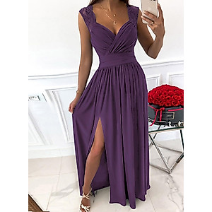 Dokotoo Womens Ladies Elegant Floor Length A Line Wrap Deep V Neck Backless Ruched Pleated Ruffled Split Long Maxi Formal Evening Party Prom Dress Bridesmaid Wedding Guest Dresses for Women Purple L