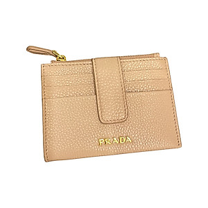 Prada Womens Vitello Grain Cipria Beige Leather Zip Top Card Wallet 1MC026