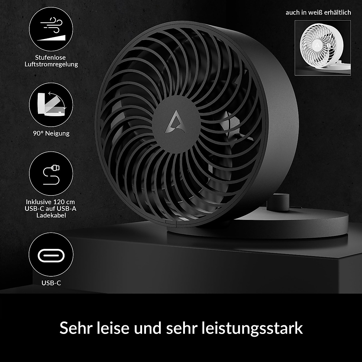 ARCTIC Summair Plus - Portable Fan with integrated rechargeable battery, USB-C connection (incl. USB-A charging cable), Stepless adjustable desk fan 600–3300 rpm - Black