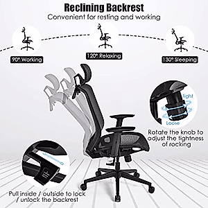 GOFLAME Ergonomic Mesh Office Chair, Swivel Executive Chair with Reclining High Backrest, Rotatable Headrest, Clothes Hanger and Lumbar Support, Height Adjustable Computer Desk Chair (Black)