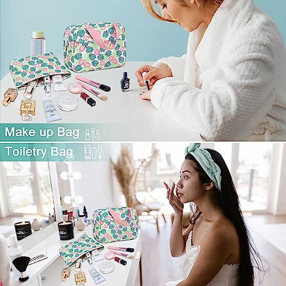 BTOOP 2 Pcs Makeup Bag Large Travel Cosmetic Tote Bags Cute Makeup Pouch Toiletry Handle Purse Organizer Set for Women (Turtle back-Pink green)