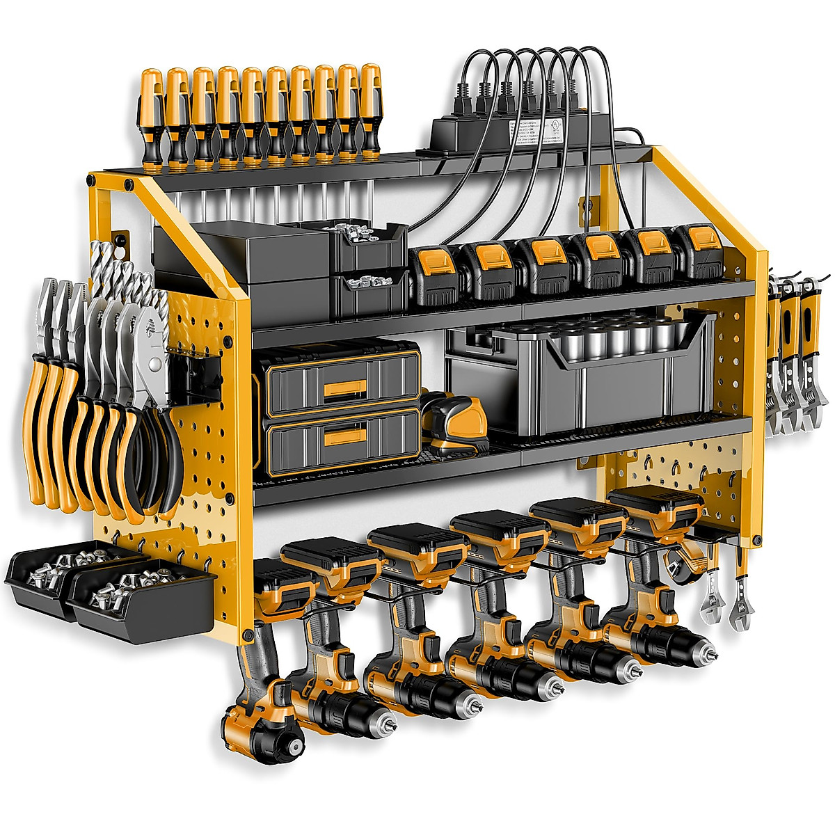 LBT Power Tool Organizer Wall Mount with Charging Station. Patented, Heavy Duty Steel, Garage 6 Drill Storage Shelf, 8 Hooks,2 Screw Boxes,6 Outlets Power Strip, Easy Install Power Tool Storage Rack.