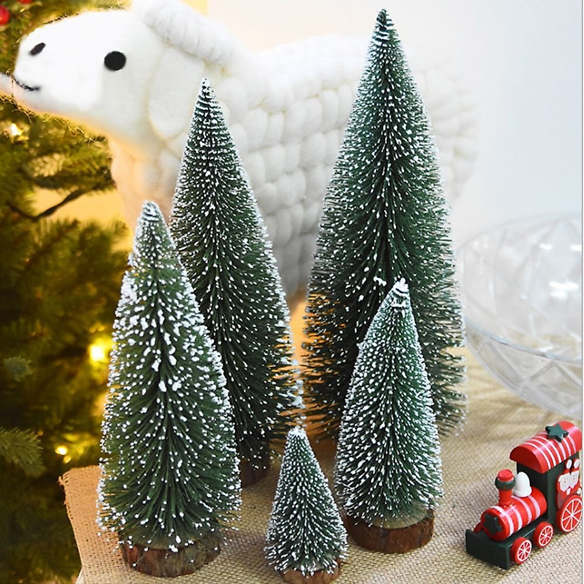 ANLL Desktop Miniature Pine Tree,Small Tabletop Christmas Tree, Mini Sisal Trees with Wood Base Bottle Brush Trees Toppers Snow Ornaments for Crafts, Displaying Christmas Party Home Decoration