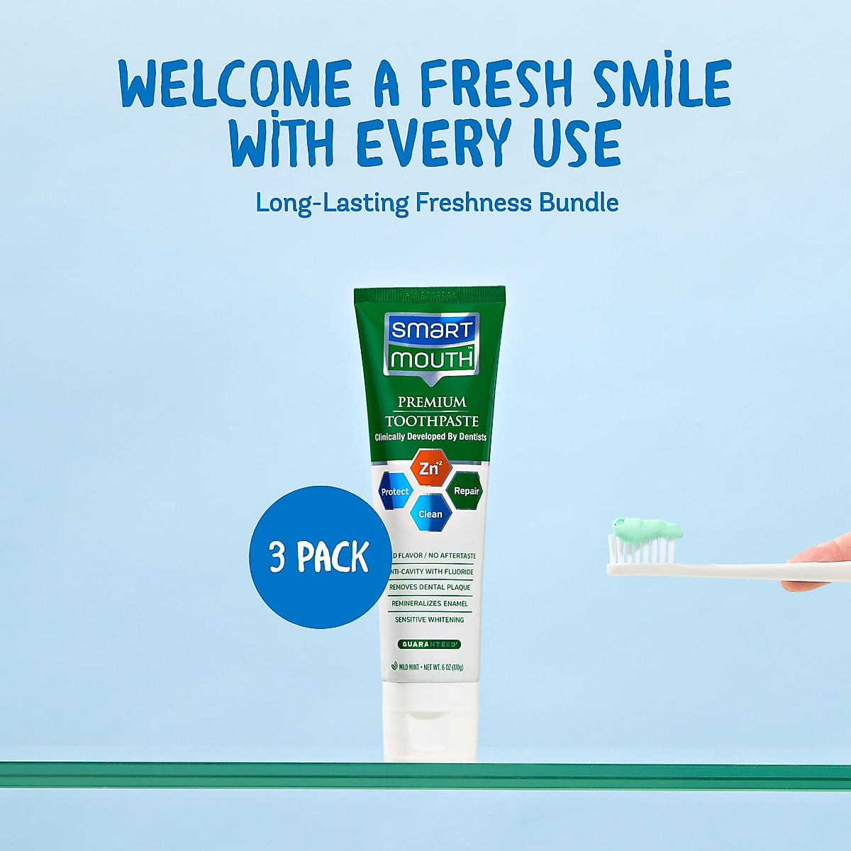 SmartMouth Premium Zinc Ion Toothpaste, Helps with Cavity, Enamel & Plaque, Mild Mint, 6 oz, 3 Pack