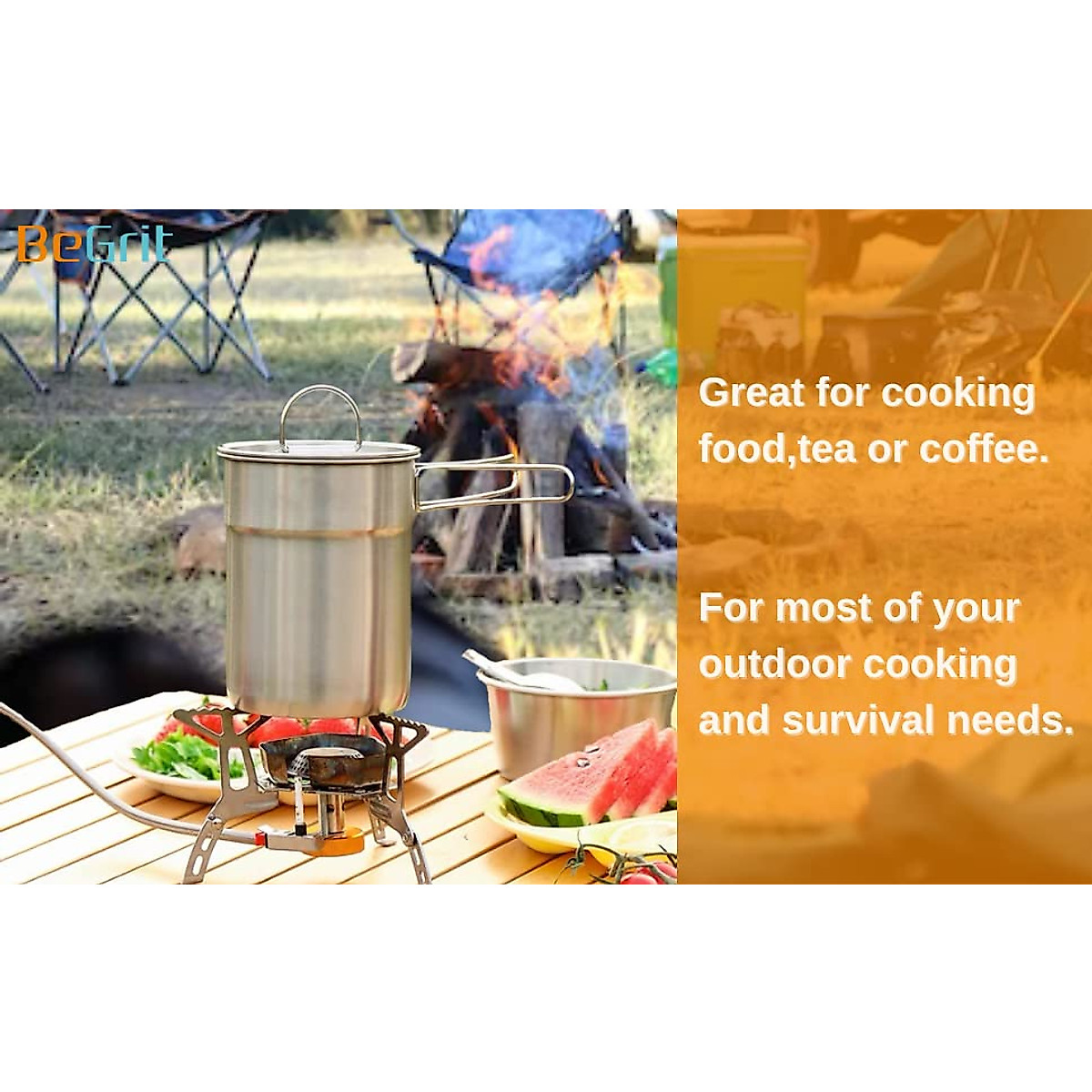 BeGrit Camping Pots Camping Cups and Mugs 304 Stainless Steel with Folding Spoon, Vented Lids