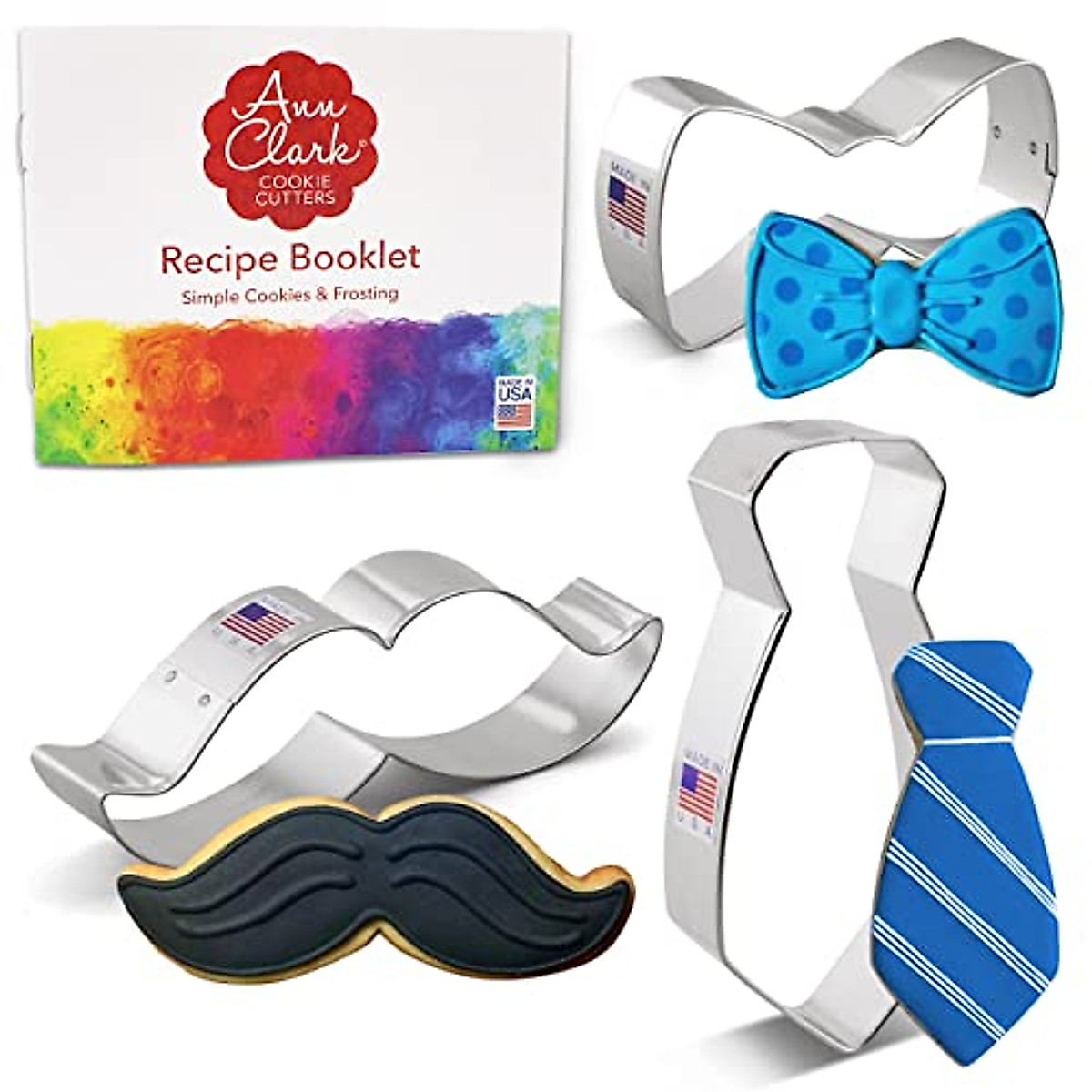 Little Man Father's Day Cookie Cutters 3-Pc Set, Made in USA by Ann Clark, Bow Tie, Mustache, Necktie