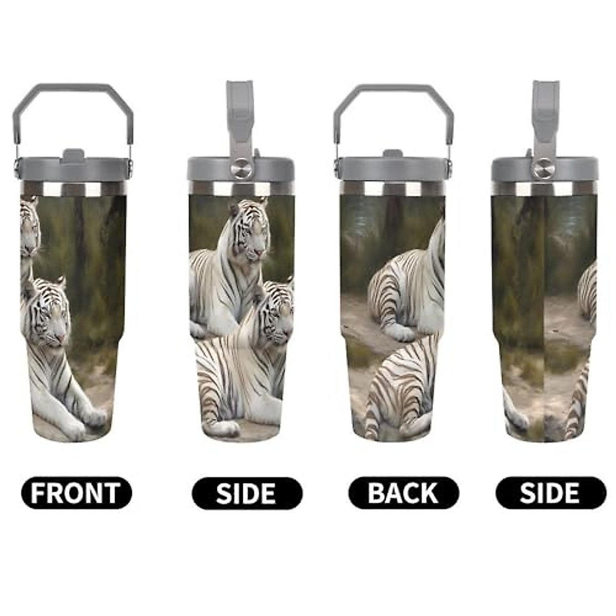 BWQJKUO Large Capacity Car Cup 30 Oz Stainless Steel White Tigers Printed Travel Mug Leak-proof Flip Straw Tumbler with Handle,keeps Cold Or Ho